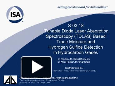 S03.18 Tunable Diode Laser Absorption Spectroscopy TDLAS Based Trace Moisture and Hydrogen ...