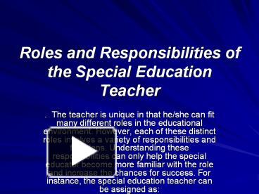 Roles and Responsibilities of the Special Education Teacher ...