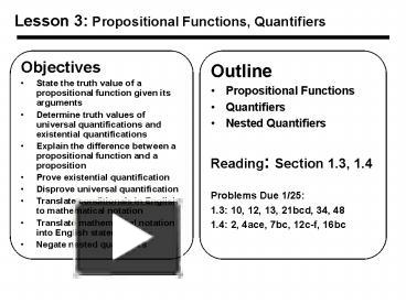 Lesson 3: Propositional Functions, Quantifiers presentation | free to view