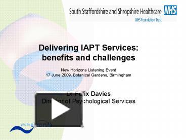 Delivering IAPT Services: presentation | free to view