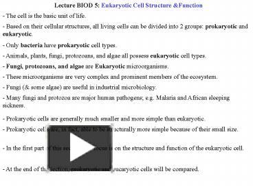 PPT – Lecture BIOD 5: Eukaryotic Cell Structure PowerPoint presentation ...