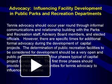 Advocacy: Influencing Facility Development in Public Parks and ...