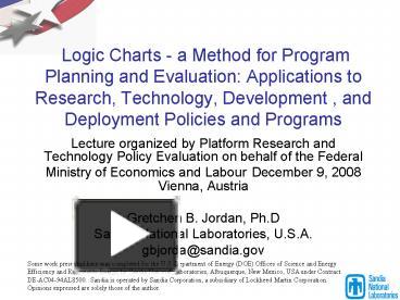 Logic Charts a Method for Program Planning and Evaluation: Applications to Research, Technology ...
