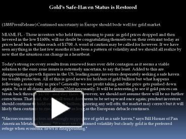 PPT – Gold's Safe-Haven Status is Restored PowerPoint presentation | free to view - id: 38024e-ZjY5M