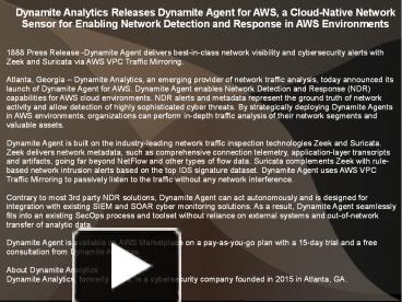 Dynamite Analytics Releases Dynamite Agent for AWS, a Cloud-Native Network Sensor for Enabling ...