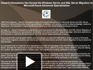 Cloud 9 Infosystems Has Earned the Windows Server and SQL Server Migration to Microsoft Azure ...