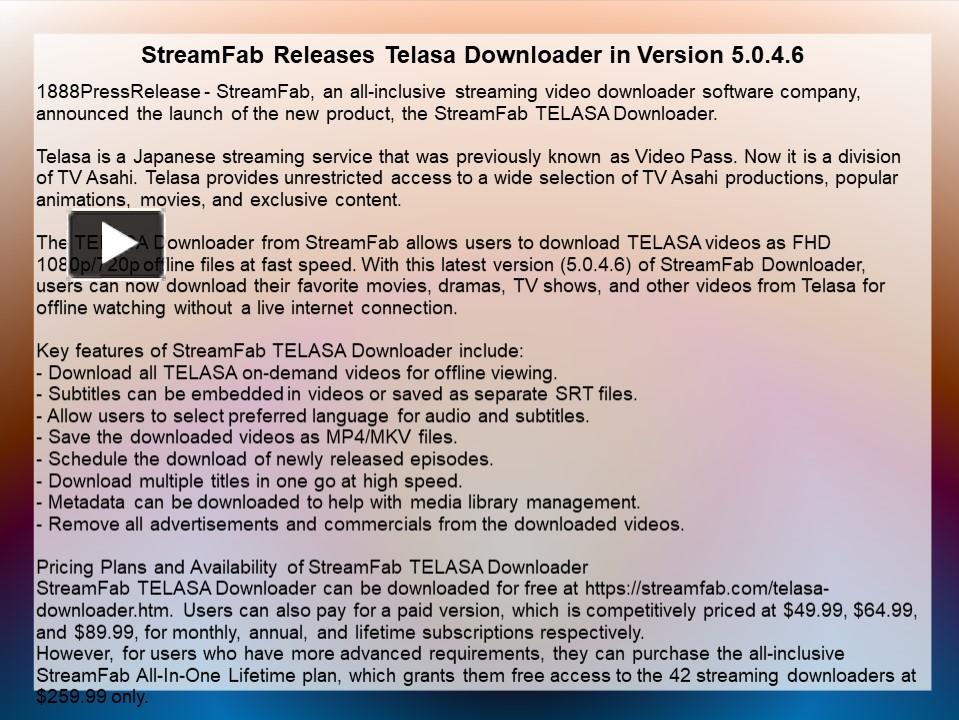 StreamFab Releases Telasa Downloader in Version 5.0.4.6 presentation | free to download