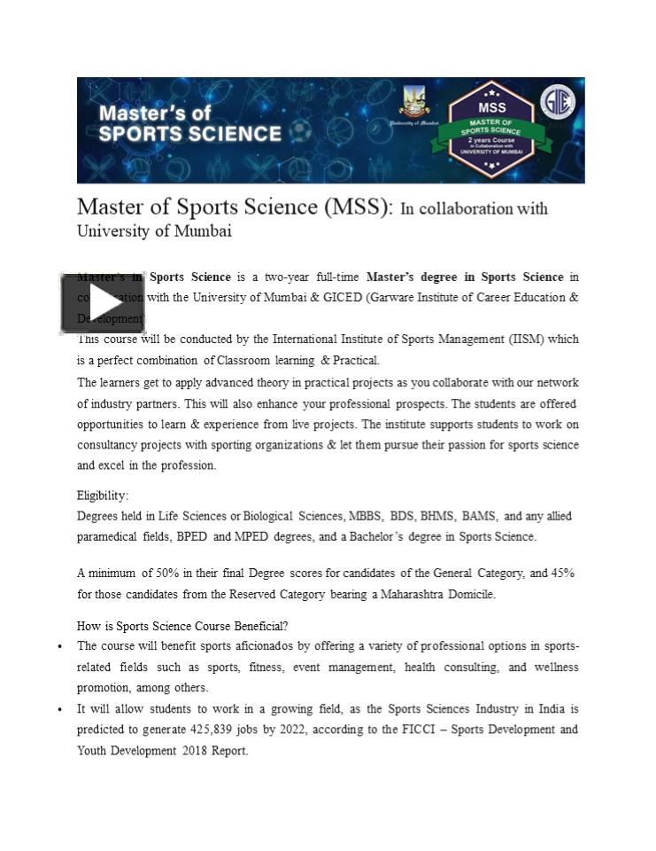 Master of Sports Science in collaboration with Mumbai University ...