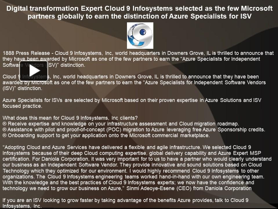 Digital transformation Expert Cloud 9 Infosystems selected as the few Microsoft partners ...