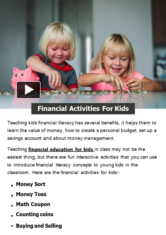 Financial Activities For Kids presentation | free to download