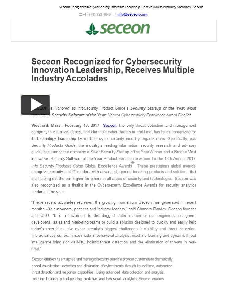 PPT – Seceon Recognized for Cybersecurity Innovation Leadership, Receives Multiple Industry ...