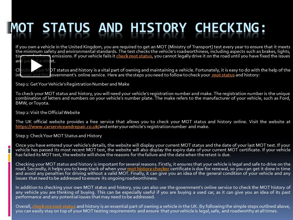 PPT – Checking MY MOT History Status PowerPoint presentation | free to download - id: 969568-ZDdkN