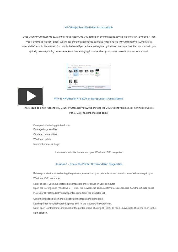 HP Officejet Pro 8020 Driver Is Unavailable presentation | free to download
