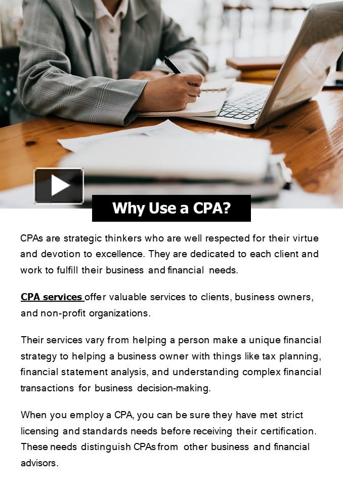 PPT – Why Use a CPA? PowerPoint presentation | free to download - id: 96b7fa-OTAyZ
