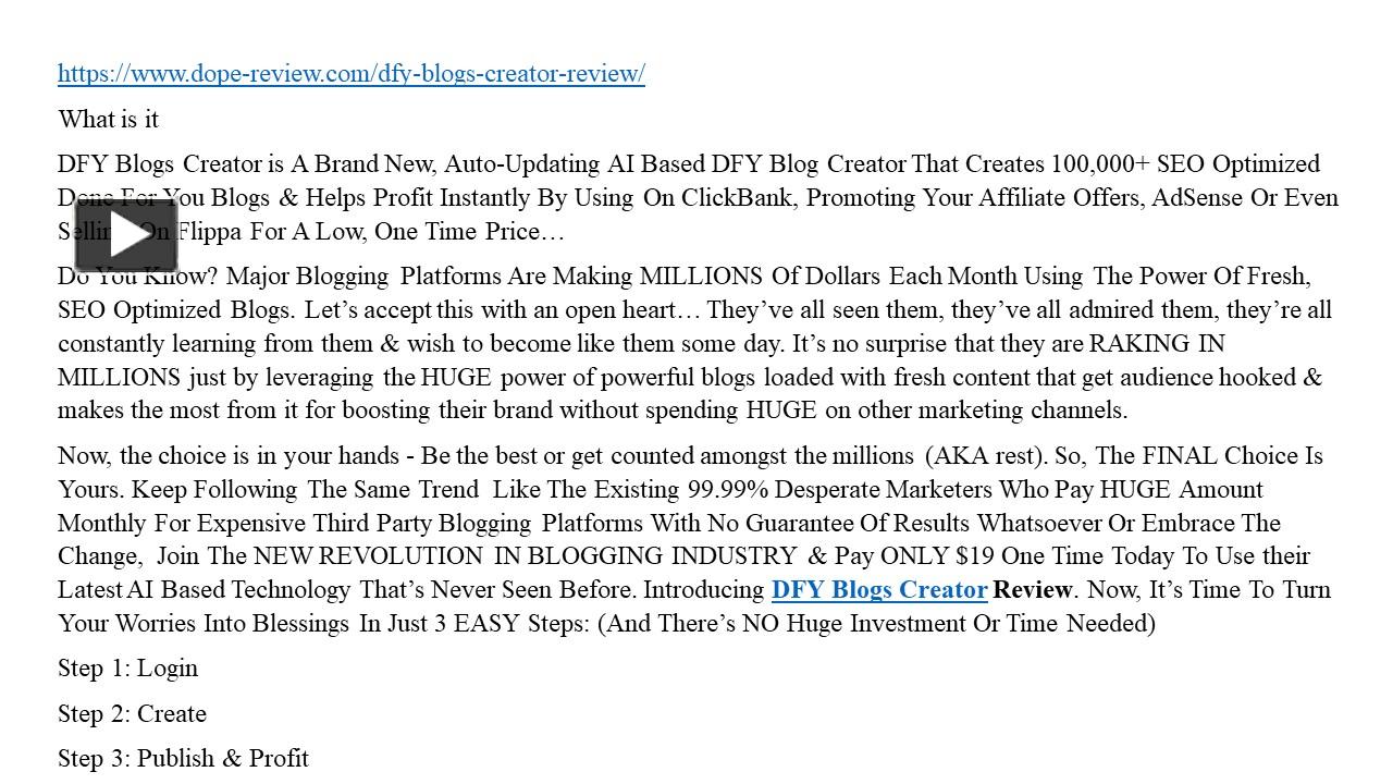 PPT – DFY Blogs Creator Review PowerPoint presentation | free to download - id: 96b990-YzY4M