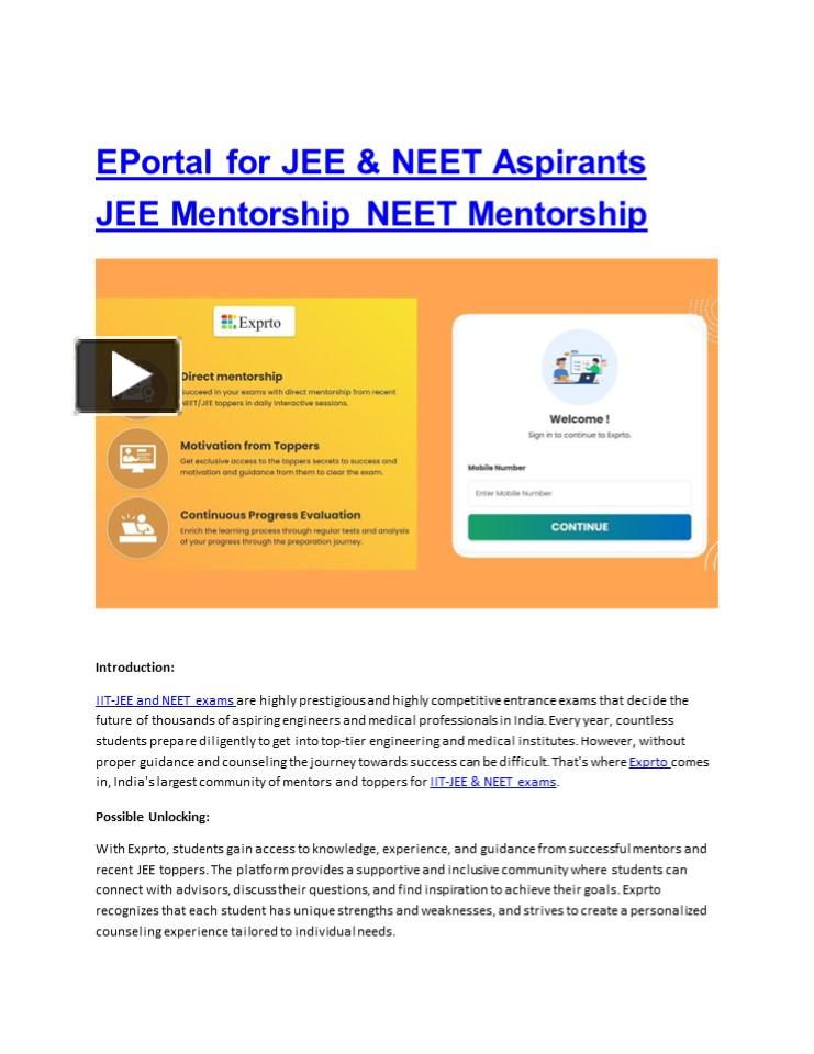 PPT – EPortal for JEE & NEET Aspirants JEE Mentorship NEET Mentorship PowerPoint presentation ...