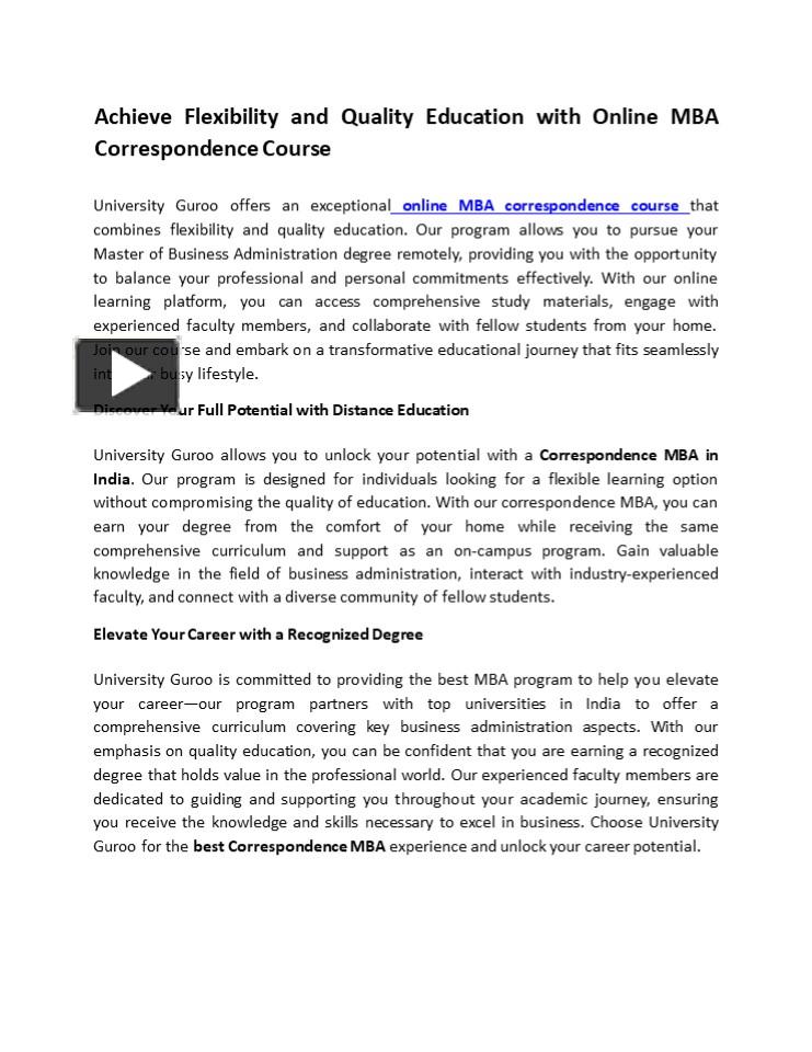 PPT – Achieve Flexibility and Quality Education with Online MBA Correspondence Course PowerPoint ...