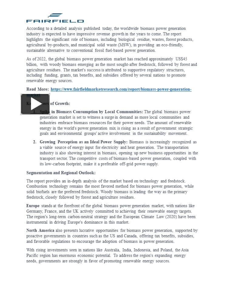 Global Biomass Power Generation Market: Current Scenario, Growth Prospects, and Future Forecast ...