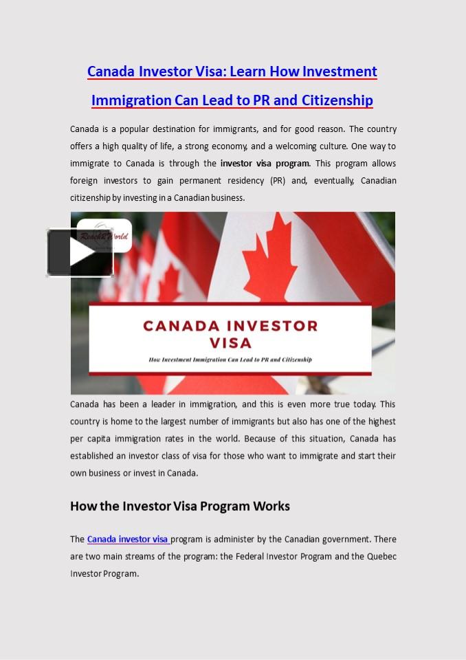 PPT – Canada Investor Visa: Learn How Investment Immigration Can Lead ...