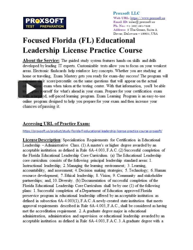 Focused Florida (FL) Educational Leadership License Practice Course presentation | free to download