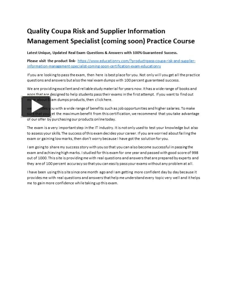 Quality Coupa Risk and Supplier Information Management Specialist (coming soon) Practice Course ...