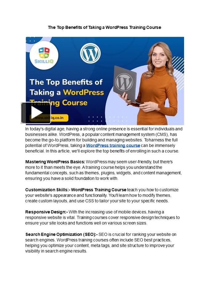 PPT – WordPress Course | SkillIQ PowerPoint presentation | free to download - id: 97ac28-NGQyM