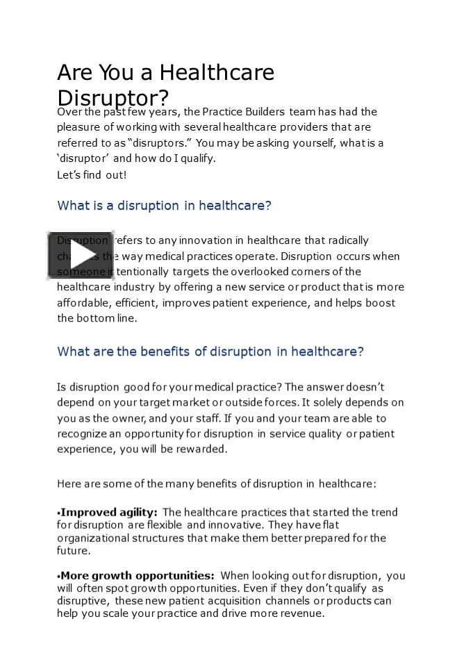 PPT – Are You a Healthcare Disruptor? – Practice Builders PowerPoint presentation | free to ...
