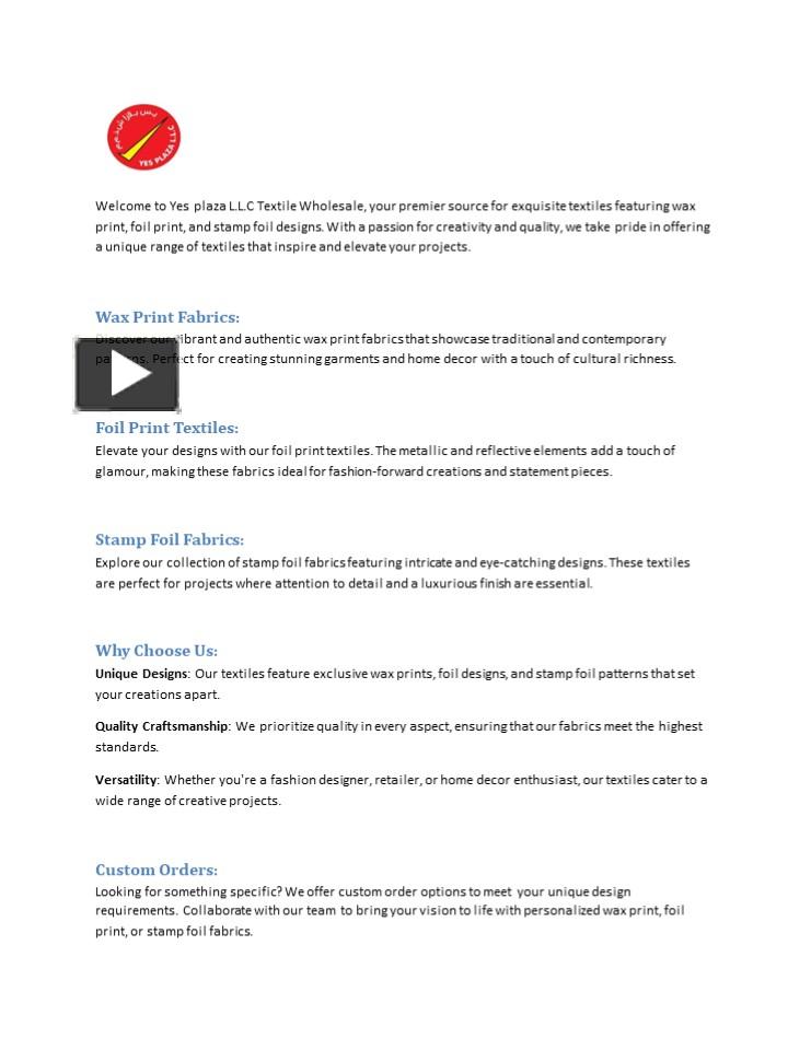 PPT – Yes plaza LLC Textile Wholesalers PowerPoint presentation | free to download - id: 983f8f ...