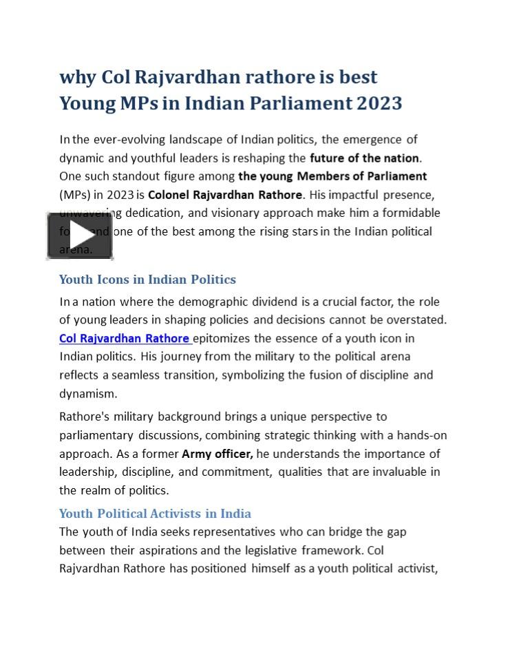 why Col Rajvardhan rathore is best Young MPs in Indian Parliament 2023 presentation | free to ...