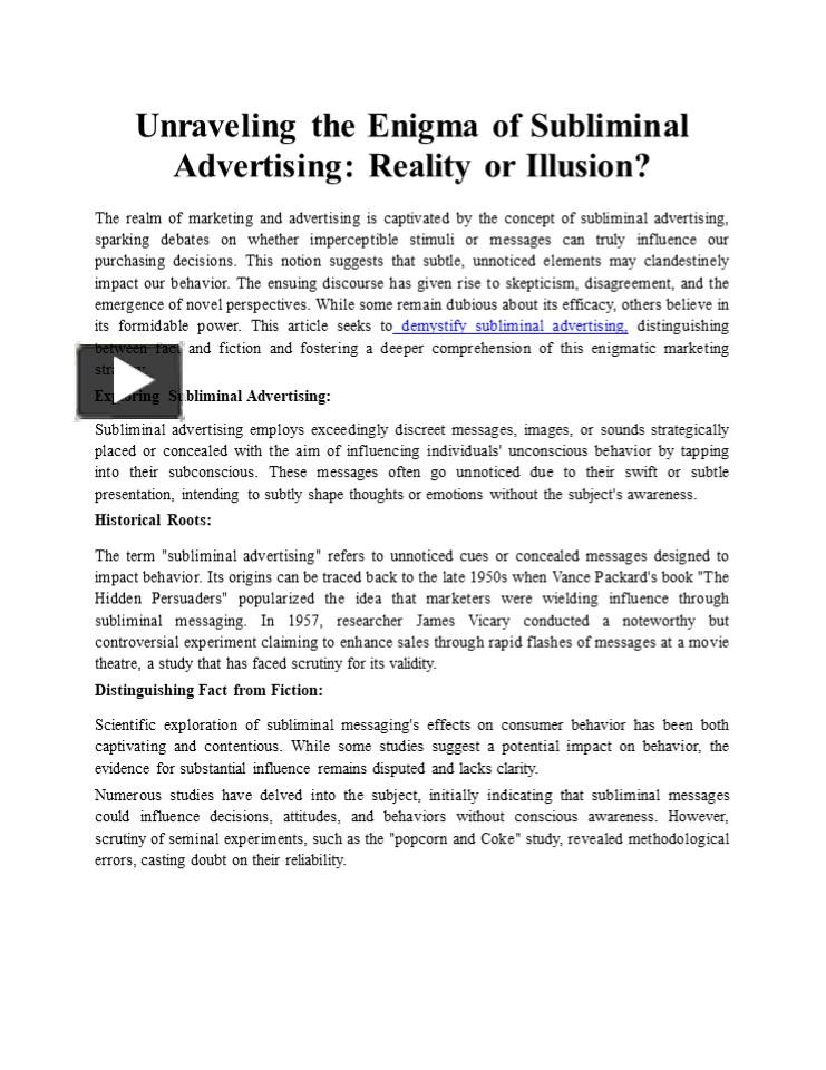 PPT – Unraveling the Enigma of Subliminal Advertising: Reality or Illusion? PowerPoint ...