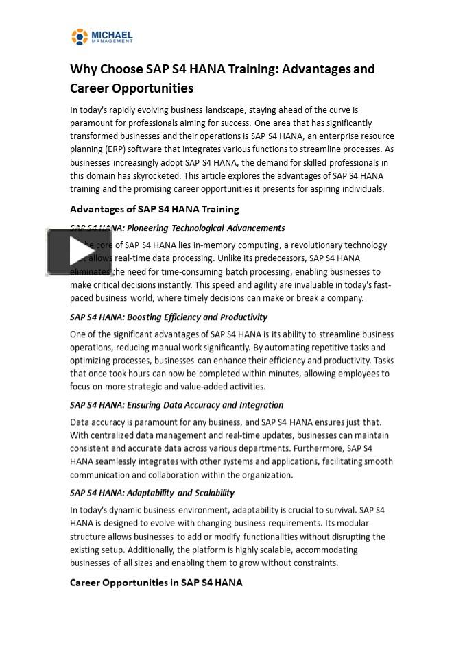 Why Choose SAP S4 HANA Training: Advantages and Career Opportunities presentation | free to download