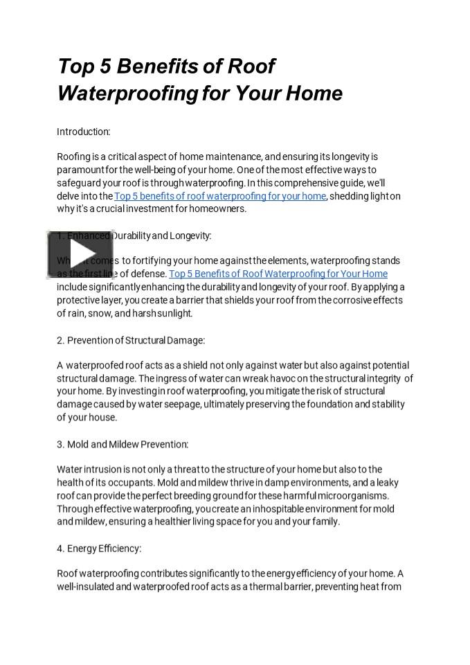 PPT – Top 5 Benefits of Roof Waterproofing for Your Home PowerPoint presentation | free to ...