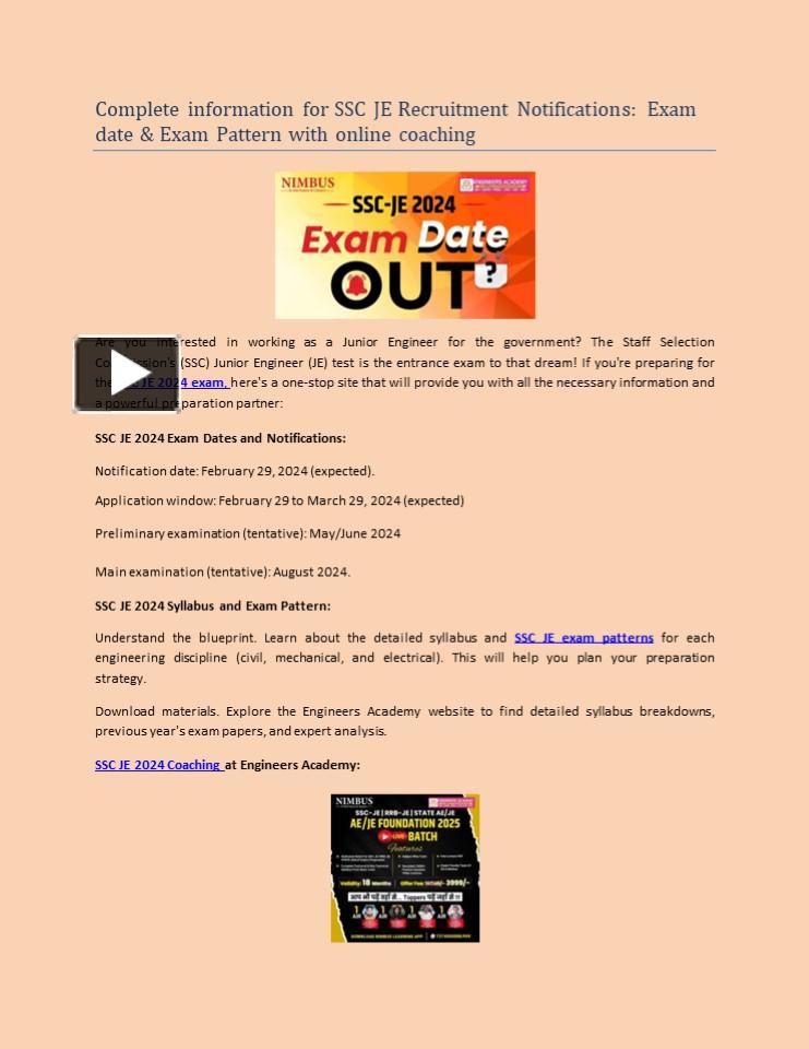 Complete information for SSC JE Recruitment Notifications: Exam date & Exam Pattern with online ...