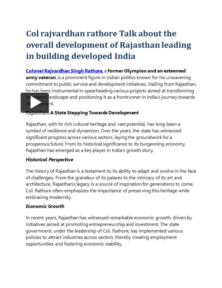 PPT – Col rajvardhan rathore Talk about the overall development of Rajasthan leading in building ...