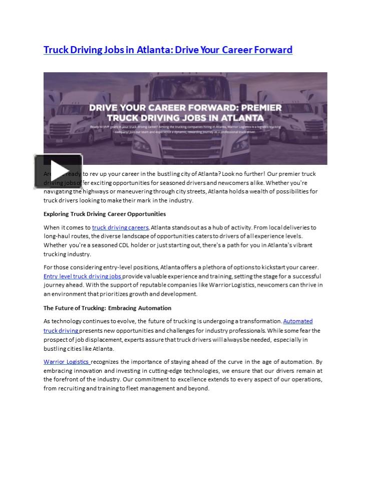 Drive Your Career Forward: Premier Truck Driving Jobs in Atlanta presentation | free to download
