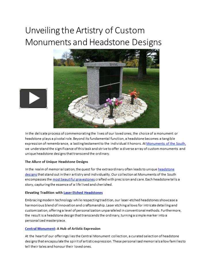 Unveiling the Artistry of Custom Monuments and Headstone Designs presentation | free to download