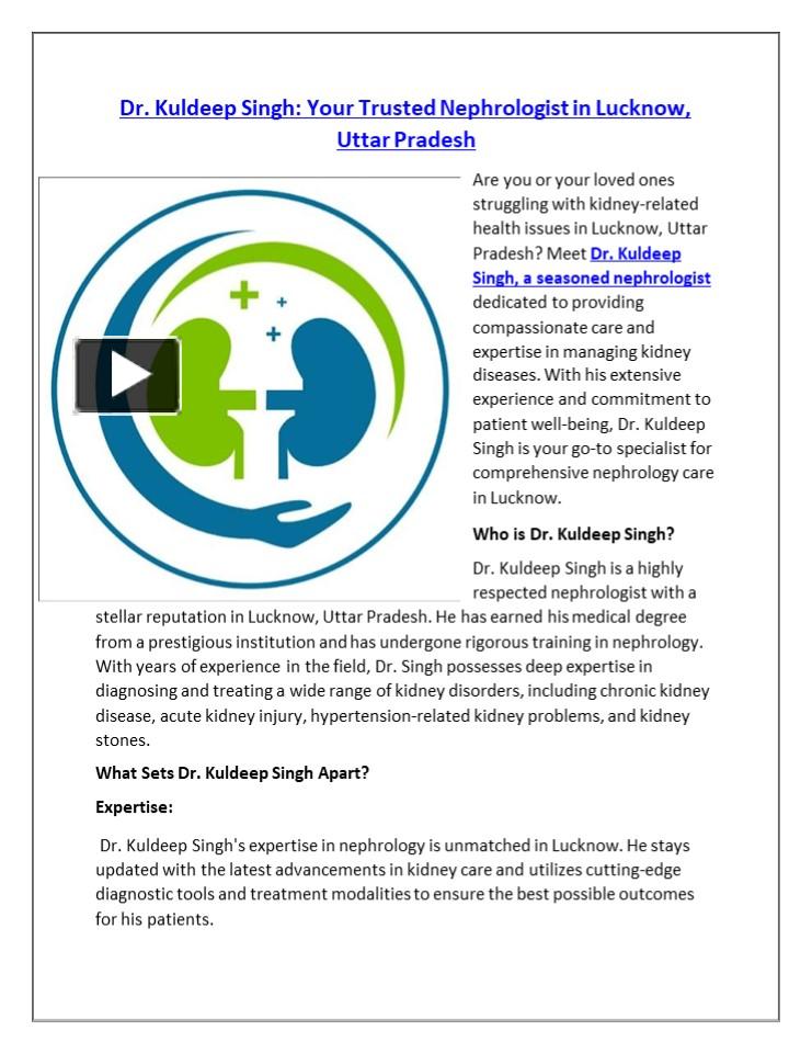 Nephrologist Doctor In Lucknow, Uttar Pradesh? | Dr. Kuldeep Singh presentation | free to download