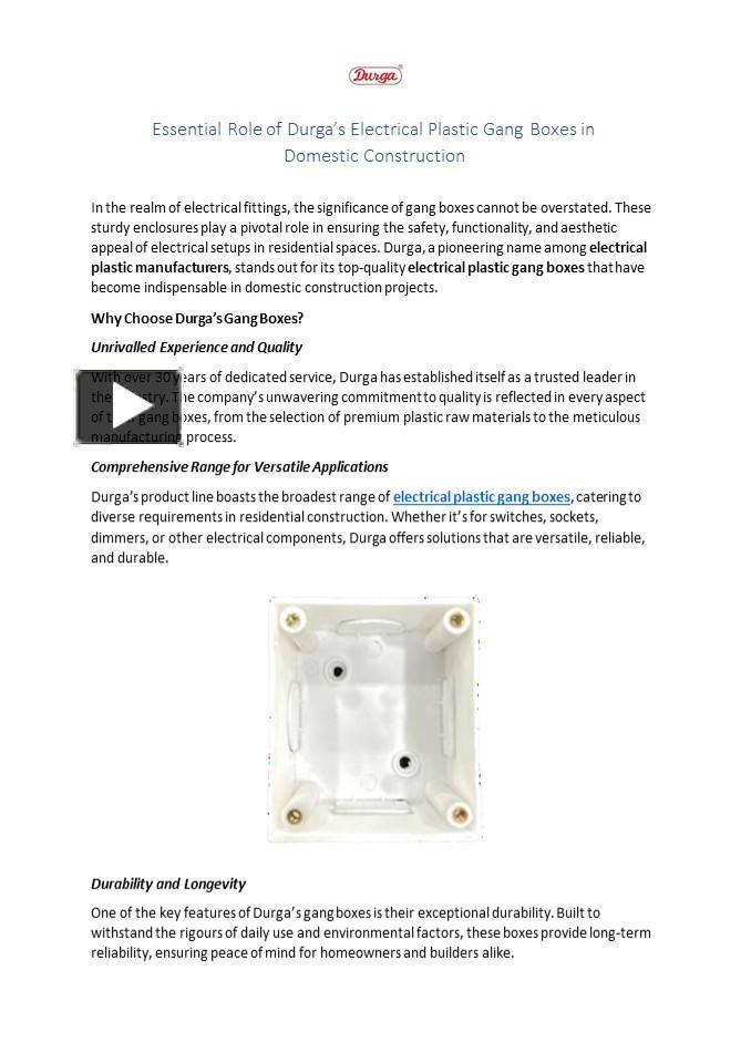 Essential Role of Durga’s Electrical Plastic Gang Boxes in Domestic Construction presentation ...