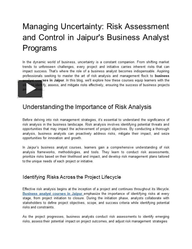 Managing Uncertainty: Risk Assessment and Control in Jaipur's Business Analyst Programs ...