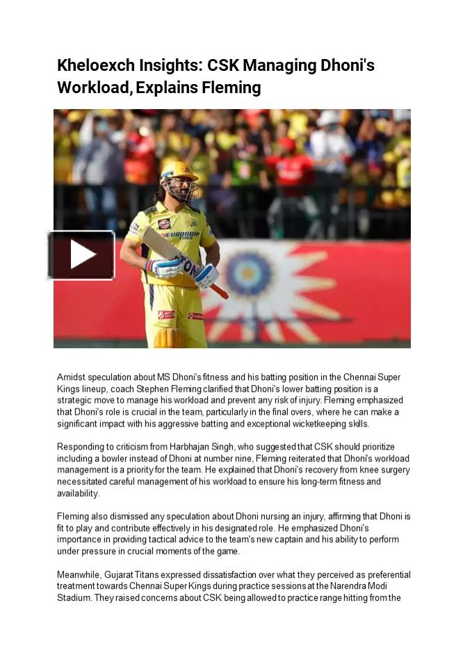 PPT – Kheloexch Insights: CSK Managing Dhoni's Workload, Explains Fleming PowerPoint ...