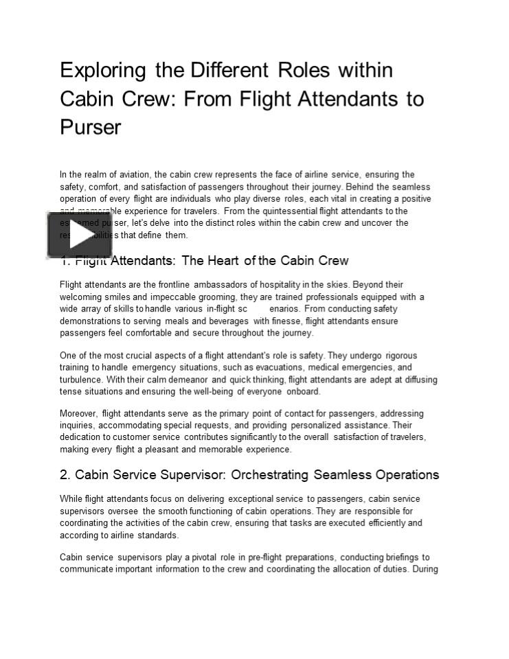 Exploring the Different Roles within Cabin Crew: From Flight Attendants to Purser presentation ...
