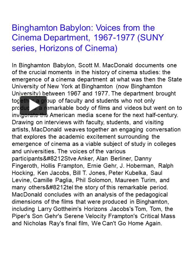 [PDF]⚡ Binghamton Babylon: Voices from the Cinema Department, 1967-1977 (SUNY series ...