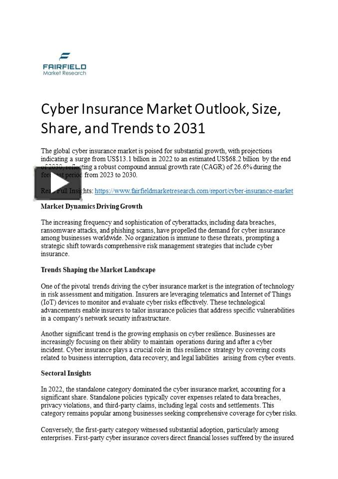 Cyber Insurance Market Outlook, Size, Share, and Trends to 2031 presentation | free to download