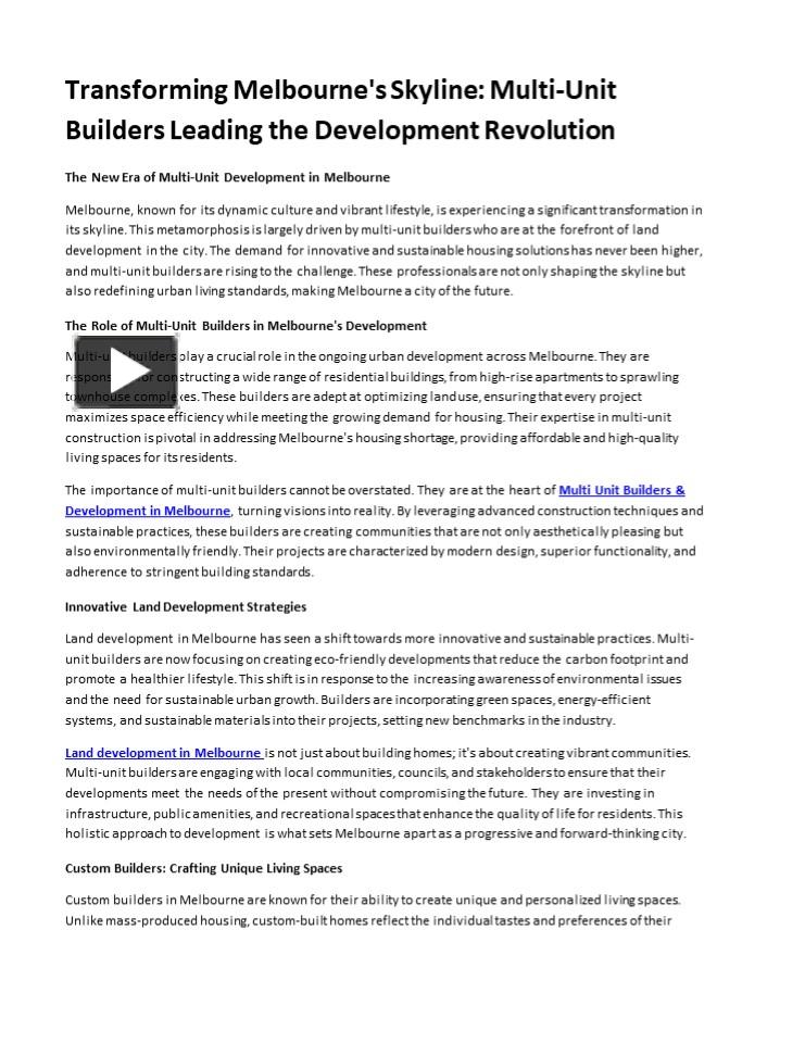 Transforming Melbourne's Skyline: Multi-Unit Builders Leading the Development Revolution ...