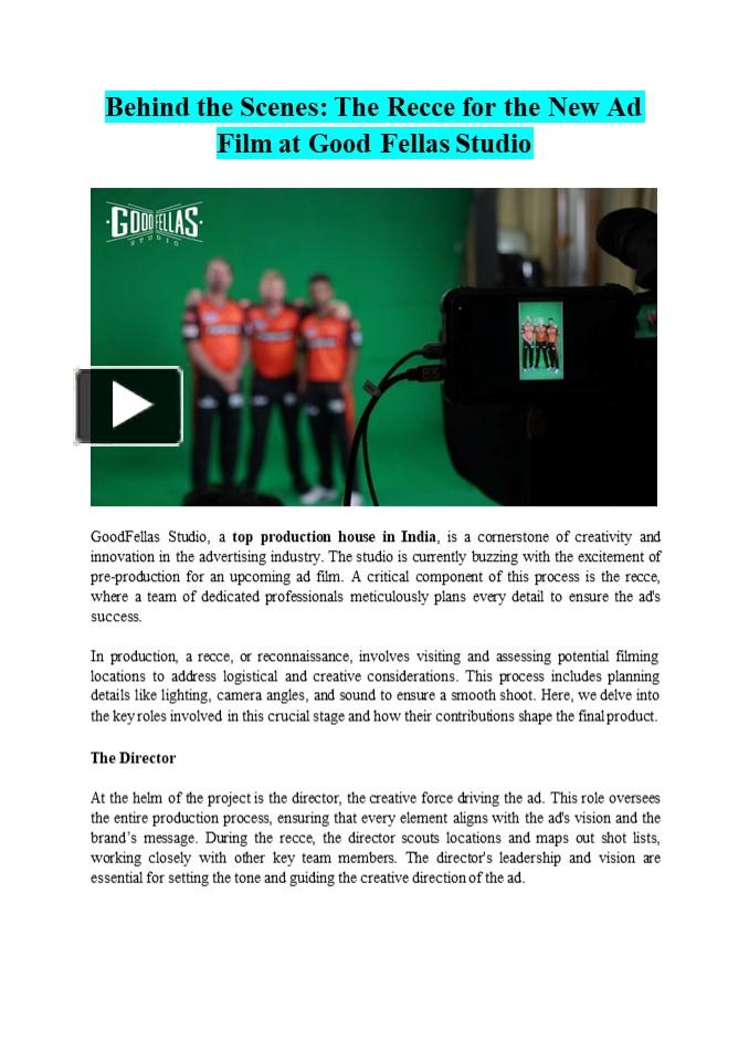 PPT – Behind the Scenes: The Recce for the New Ad Film at GoodFellas Studio PowerPoint ...