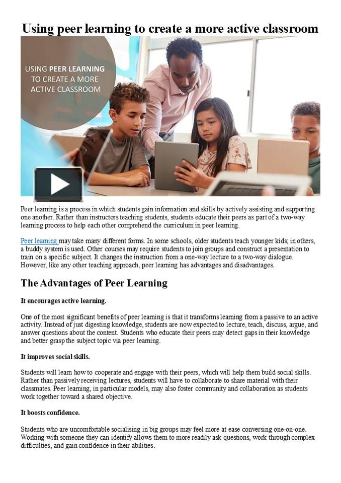 Ppt Using Peer Learning To Create A More Active Classroom Powerpoint