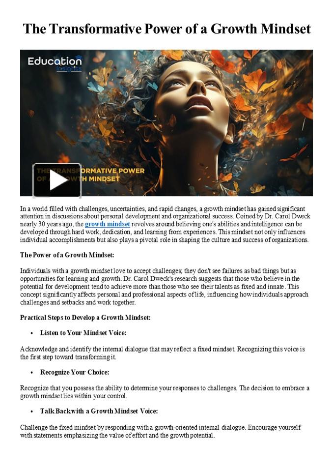 The Transformative Power of a Growth Mindset presentation | free to download