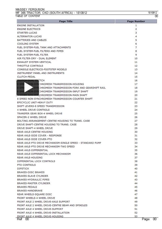 Massey Ferguson MF 365 TRACTOR, CKD (SOUTH AFRICA) Tractor Parts Catalogue Manual Instant ...