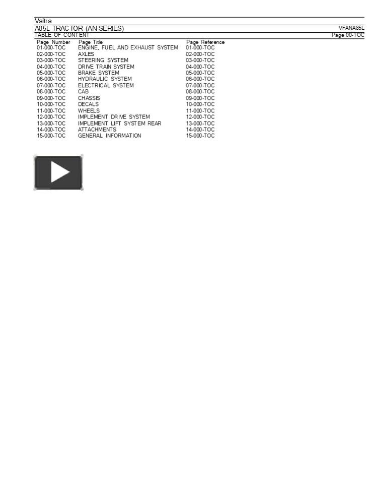 Valtra A85L TRACTOR (AN SERIES) Tractor Parts Catalogue Manual Instant Download (Part No ...