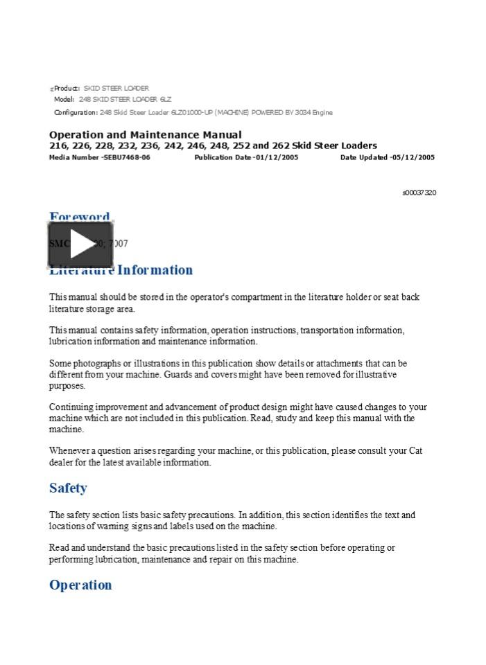 Caterpillar CAT 248 SKID STEER LOADER (6LZ01000-UP) Operation and Maintenance Manual Instant ...